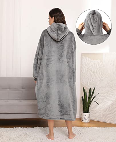 Sendowtek Wearable Blanket for Women Men Long Sherpa Hoodie with Giant Pocket Cosy OneSize Hoodie Blanket Fit for Adult Teens (Grey)