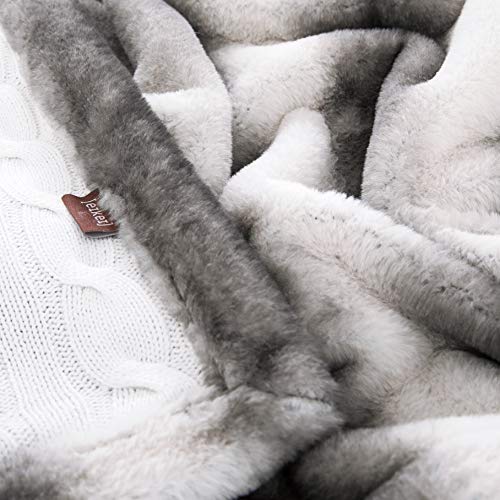 Cable Knit Sherpa Oversized Throw Reversible Blanket Faux Sheepskin Lined Cozy Cotton Blend Sweater Knitted Afghan in Grey White or Turquoise Blue (White Chinchilla)