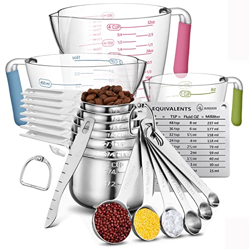 Measuring Cups and Spoons Set, AIKEXIN Stainless Steel 7 Measuring Cups & 6 Measuring Spoons & 3 Transparent Plastic Measuring Cup, 1 Leveler 1 Measuring Conversion Chart and 2 Metal Ring (20 Piece)……