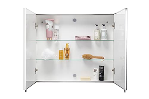 Croydex Finchley Double Door, Surface Mount Flexi-Fix Easy Installation System Medicine Cabinet, 31.5 in (W) x 26 in (H) Stainless Steel