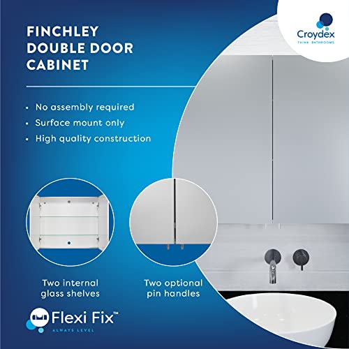 Croydex Finchley Double Door, Surface Mount Flexi-Fix Easy Installation System Medicine Cabinet, 31.5 in (W) x 26 in (H) Stainless Steel