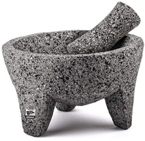 genuine handmade mexican mortar and pestle, molcajete de piedra natural volcanica stone, heavy & durable, perfect for homemade salsas, guacamole, and other molcajete plates | made in mexico (8 inches)