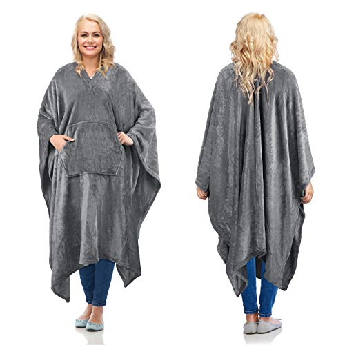 Catalonia Fleece Wearable Blanket Poncho for Adult Women Men, Travel Wrap Blanket Cape with Pocket | Warm, Soft, Cozy, Snuggly, Gift for Her, No Sleeves | All-Season