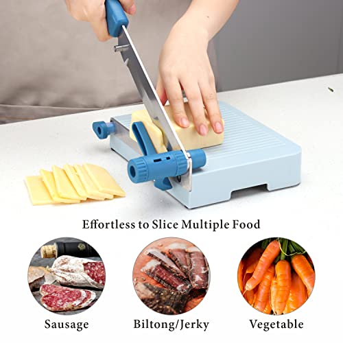 KITCHENDAO Multipurpose Cheese Slicer Cutter with Board for Arthritic and Weak Hands, Adjustable Thickness Dial for Block Cheese, Effortless Slicing, Guillotine Sausage Ham Biltong Jerky Slicer