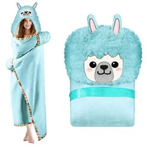 llama wearable hooded blanket for adults – super soft warm cozy plush flannel fleece throw & sherpa hoodie cloak wrap - llama gifts for women adults girls and kids