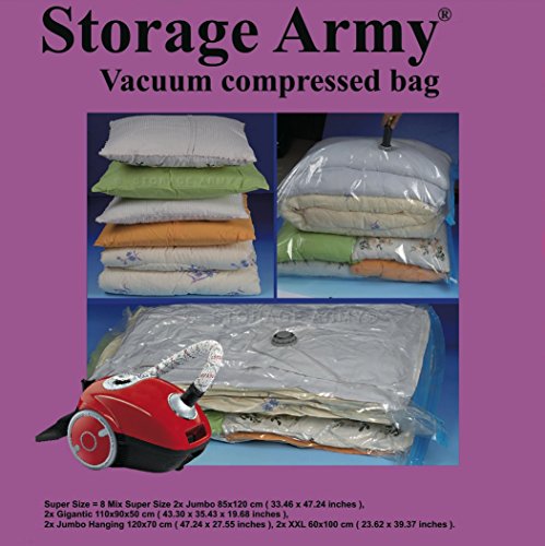 Storage Army [Pack of 8 Mix Super Size Storage Bags Jumbo, Gigantic, Jumbo Hanging & XXL Sealed Compressed Vacuum Bag Home Space Organizer Travel Storage Saver Protects from Water Odor, Dust, Insects