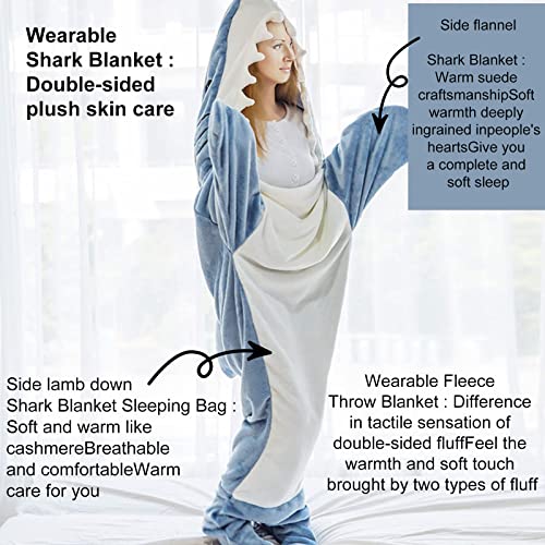 Shark Blanket Hoodie Adult, Shark Blanket Super Soft Cozy Flannel Hoodie, Wearable Shark Blanket Adult or Shark Sleeping Bag (M-67inX27.5in)