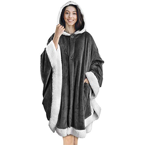 PAVILIA Angel Wrap Hooded Blanket | Poncho Blanket Wrap with Soft Sherpa Fleece | Wearable Blanket Throw Gift with Hood Pockets Cape | Plush Warm Shawl Cozy Gifts for Women Wife (Gray)