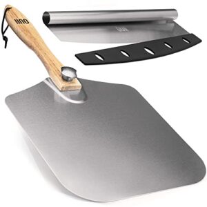 ouii pizza peel aluminum metal pizza paddle - 12 x 14 inch. pizza cutter rocker 14'' blade pizza spatula for pizza stone, pizza oven accessories. pastry, dough, bread peel and rocker knife pizza tools