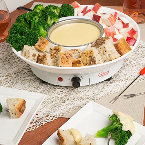 Electric Fondue Maker Deluxe Set w 4 Forks, Removable Serving Tray & Melting/Warming Setting - Great for Dipping Snacks, Marshmallows, Bread in Chocolate, Caramel, Cheese, Sauce - Mother's Day Gift!