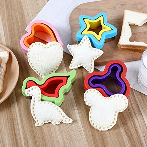 Elfkitwang Sandwich Cutter and Sealer Set,4 Pcs Bread Sandwich Decruster Pancake Maker DIY Cookie Cutters for Kids Bento Box,Heart Dinosaur Star Shapes Mold.