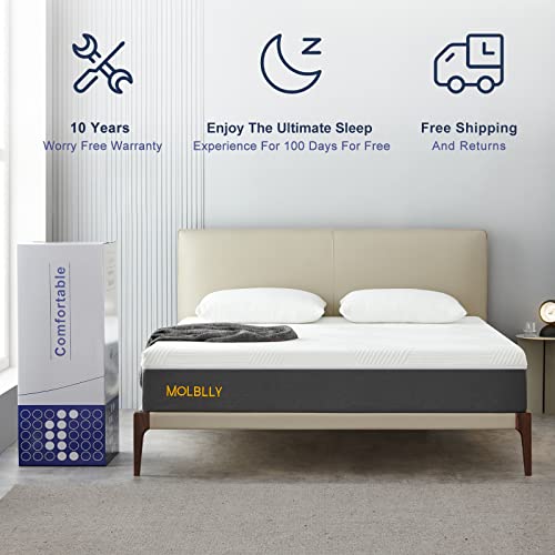 Molblly 10 Inches Queen Size Mattress for Back Pain Relief, Gel Memory Foam Mattress in a Box, Fiberglass Free, Medium Firm, 10-Year Support, Premium Queen Bed