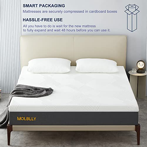 Molblly 10 Inches Queen Size Mattress for Back Pain Relief, Gel Memory Foam Mattress in a Box, Fiberglass Free, Medium Firm, 10-Year Support, Premium Queen Bed