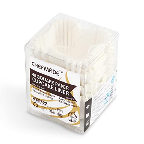 CHEFMADE 100 Count White Cupcake Liners, Square Baking Cups for Baking, Paper Cupcake Liners -No Smell, Food Grade & Grease