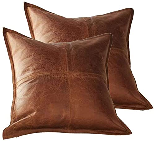 QAWACH Lambskin Leather Pillow Cover - Sofa Cushion Case - Decorative Throw Covers for Living Room & Bedroom, 16 x 16 Inches - Tan Antique Box Pack of 2