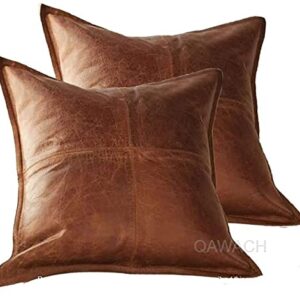 QAWACH Lambskin Leather Pillow Cover - Sofa Cushion Case - Decorative Throw Covers for Living Room & Bedroom, 16 x 16 Inches - Tan Antique Box Pack of 2