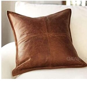 QAWACH Lambskin Leather Pillow Cover - Sofa Cushion Case - Decorative Throw Covers for Living Room & Bedroom, 16 x 16 Inches - Tan Antique Box Pack of 2