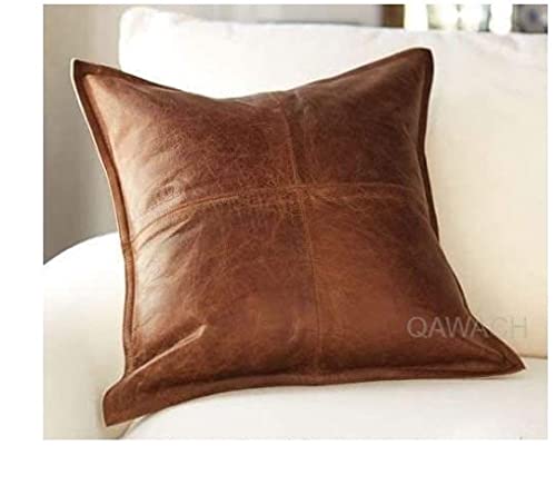 QAWACH Lambskin Leather Pillow Cover - Sofa Cushion Case - Decorative Throw Covers for Living Room & Bedroom, 16 x 16 Inches - Tan Antique Box Pack of 2