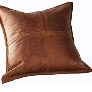 QAWACH Lambskin Leather Pillow Cover - Sofa Cushion Case - Decorative Throw Covers for Living Room & Bedroom, 16 x 16 Inches - Tan Antique Box Pack of 2