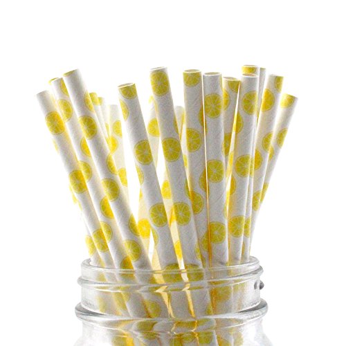 IPALMAY Lemon Patterned Drinking Paper Straws, Disposable Biodegradable, 7.75 Inches, Pack of 100 (Lemon)