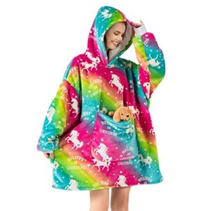 queenshin rainbow unicorn oversized hoodie wearable blanket for womens teens girls, kawaii adults comfy sherpa hoody sweatshirt with pockets, one size for all