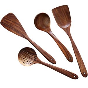 nayahose wooden spoons for cooking, 4 pcs wooden utensils for cooking, natural teak wood spatulas spoon for cooking, nonstick kitchen utensil set