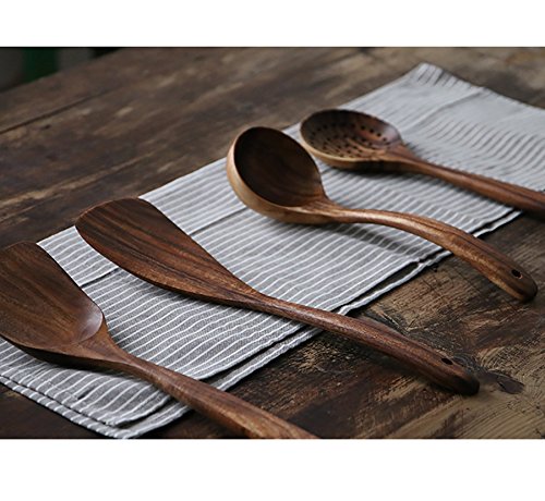 NAYAHOSE Wooden Spoons for Cooking, 4 Pcs Wooden Utensils for Cooking, Natural Teak Wood Spatulas Spoon for Cooking, Nonstick Kitchen Utensil Set