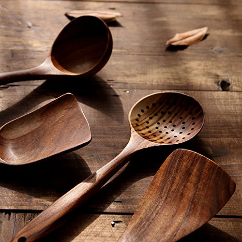 NAYAHOSE Wooden Spoons for Cooking, 4 Pcs Wooden Utensils for Cooking, Natural Teak Wood Spatulas Spoon for Cooking, Nonstick Kitchen Utensil Set