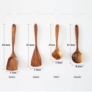 NAYAHOSE Wooden Spoons for Cooking, 4 Pcs Wooden Utensils for Cooking, Natural Teak Wood Spatulas Spoon for Cooking, Nonstick Kitchen Utensil Set