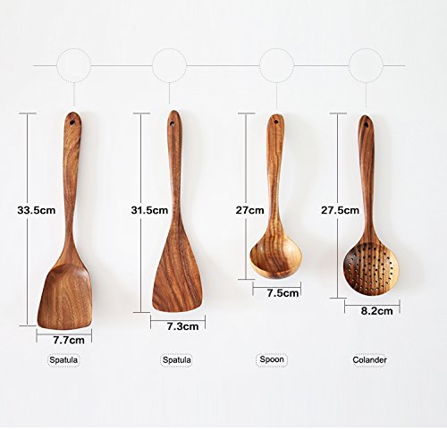 NAYAHOSE Wooden Spoons for Cooking, 4 Pcs Wooden Utensils for Cooking, Natural Teak Wood Spatulas Spoon for Cooking, Nonstick Kitchen Utensil Set