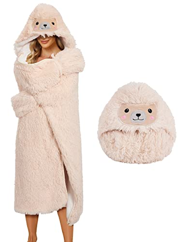 Yusongirl Wearable Hooded Blanket for Adults Super Soft Sherpa Hoodie Throw Winter Warm Fleece Cozy Plush Animal Cape (Alpaca - Beige)