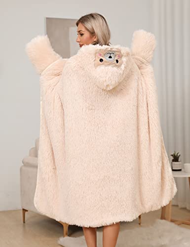 Yusongirl Wearable Hooded Blanket for Adults Super Soft Sherpa Hoodie Throw Winter Warm Fleece Cozy Plush Animal Cape (Alpaca - Beige)