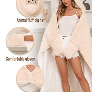 Yusongirl Wearable Hooded Blanket for Adults Super Soft Sherpa Hoodie Throw Winter Warm Fleece Cozy Plush Animal Cape (Alpaca - Beige)