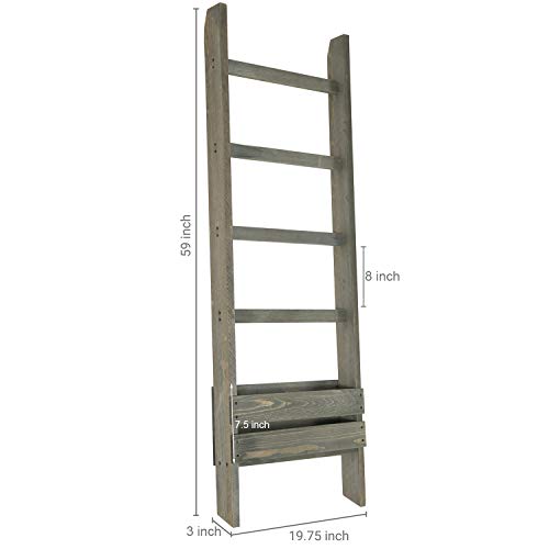 MyGift Vintage Gray Solid Wood Blanket Ladder with 4 Rung and Magazine Holder, Wall Leaning Bathroom Towel Rack with Storage Shelf