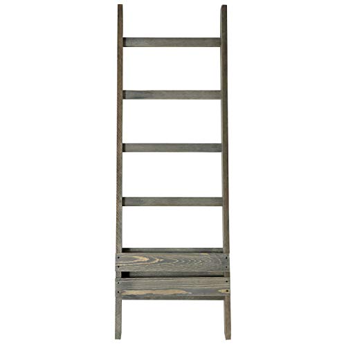 MyGift Vintage Gray Solid Wood Blanket Ladder with 4 Rung and Magazine Holder, Wall Leaning Bathroom Towel Rack with Storage Shelf