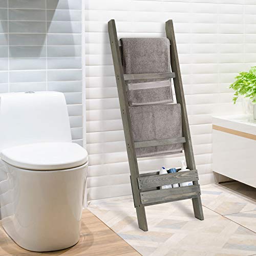 MyGift Vintage Gray Solid Wood Blanket Ladder with 4 Rung and Magazine Holder, Wall Leaning Bathroom Towel Rack with Storage Shelf