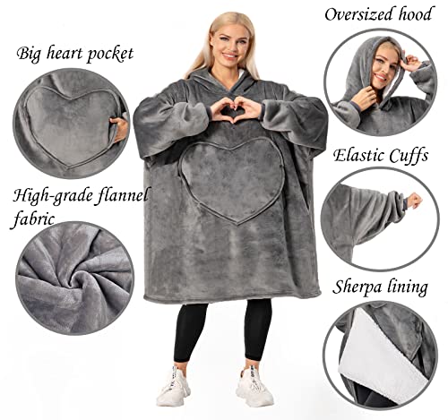 Birity® Wearable Blanket Hoodie Newest,Oversized Hoodie Blanket in Sherpa Warm Plush Fleece,Fashion Super Soft Heart Large Pocket Hooded Sweatshirt,One Size Fits All Men,Women,Teens,Adults,Seniors.