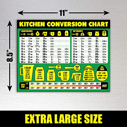 Kitchen Conversion Chart Magnet - Extra Large Easy to Read 11” x 8.5” Measurement Cheat Sheet for Cooking Baking & Reading Recipes - Convert Volume Weight Celsius Fahrenheit Imperial & Metric Units