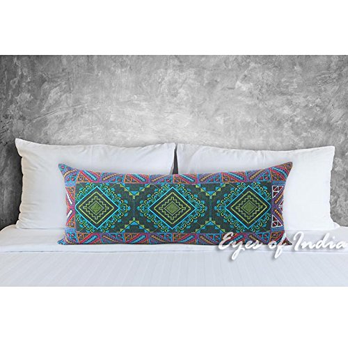 Eyes of India Embroidered Boho Bolster Throw Pillow Cover, Long Lumbar Rectangle Bohemian Cushion Case Sofa Couch, Decorative Accent Bed Living Room, 14x32 inch (36x80 cm), Green Purple