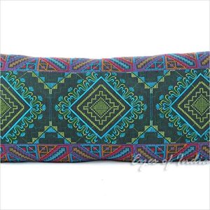 Eyes of India Embroidered Boho Bolster Throw Pillow Cover, Long Lumbar Rectangle Bohemian Cushion Case Sofa Couch, Decorative Accent Bed Living Room, 14x32 inch (36x80 cm), Green Purple