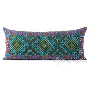 Eyes of India Embroidered Boho Bolster Throw Pillow Cover, Long Lumbar Rectangle Bohemian Cushion Case Sofa Couch, Decorative Accent Bed Living Room, 14x32 inch (36x80 cm), Green Purple