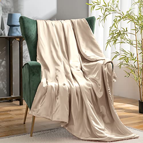 Vonty Satin Throw Blanket Taupe Satin Blankets 50x60 Inches(with Small Flowers), Cooling & Silky Throw Blanket Wrinkle-Free Cable Knit Throw Blanket for Coush Sofa Bed Outdoor