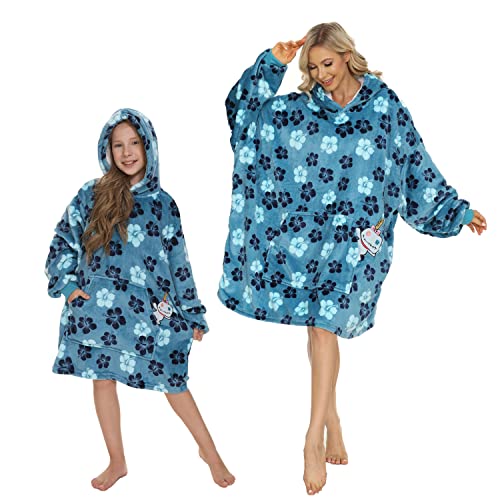 WXCTEAM Oversized Wearable Blanket Hoodie for Women and kids, Lilo Flannel Throw Blanket Sweatshirt with Tropical Flowers Hibiscus (Blue, Adult Onesize)