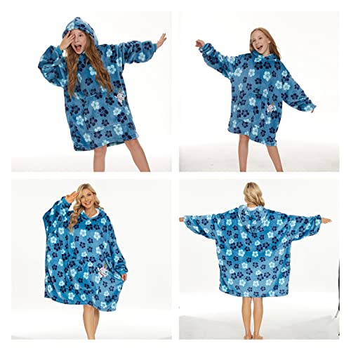 WXCTEAM Oversized Wearable Blanket Hoodie for Women and kids, Lilo Flannel Throw Blanket Sweatshirt with Tropical Flowers Hibiscus (Blue, Adult Onesize)