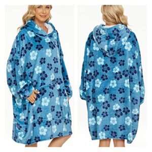 WXCTEAM Oversized Wearable Blanket Hoodie for Women and kids, Lilo Flannel Throw Blanket Sweatshirt with Tropical Flowers Hibiscus (Blue, Adult Onesize)