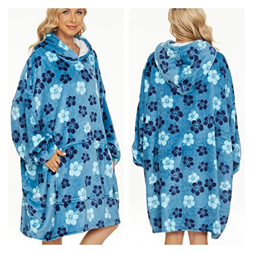 WXCTEAM Oversized Wearable Blanket Hoodie for Women and kids, Lilo Flannel Throw Blanket Sweatshirt with Tropical Flowers Hibiscus (Blue, Adult Onesize)