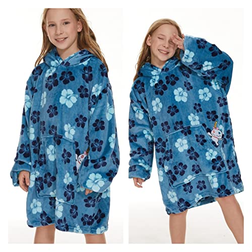 WXCTEAM Oversized Wearable Blanket Hoodie for Women and kids, Lilo Flannel Throw Blanket Sweatshirt with Tropical Flowers Hibiscus (Blue, Adult Onesize)