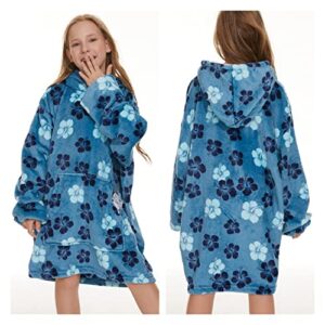 WXCTEAM Oversized Wearable Blanket Hoodie for Women and kids, Lilo Flannel Throw Blanket Sweatshirt with Tropical Flowers Hibiscus (Blue, Adult Onesize)