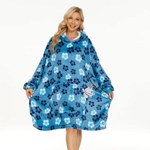 WXCTEAM Oversized Wearable Blanket Hoodie for Women and kids, Lilo Flannel Throw Blanket Sweatshirt with Tropical Flowers Hibiscus (Blue, Adult Onesize)