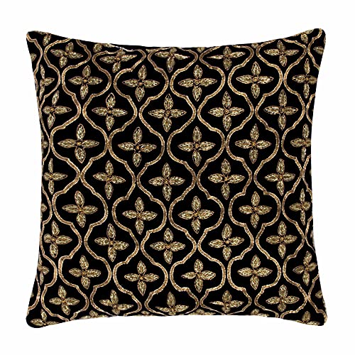 Thread Centric Black Silk 22x22 inch Handcrafted Decorative Throw Pillow Covers for Sofa, Couch and Bed, Traditional Geometric Beaded Throw Cushion Covers - TC026BLK